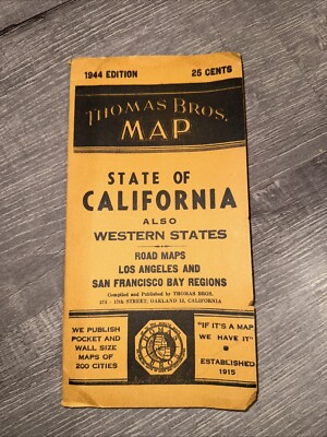 STATE OF CALIFORNIA 1944 THOMAS BROS. MAP W/ WESTERN STATES Los Angeles ...