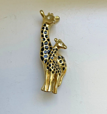 VINTAGE GIRAFFE PIN Gold Tone ENAMEL Spots Mom & BABY Rhinestone eyes ...
