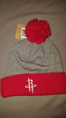 HOUSTON ROCKETS BASIC POM BEANIE ADULT HAT GREY RED NEW MENS MITCHELL ...