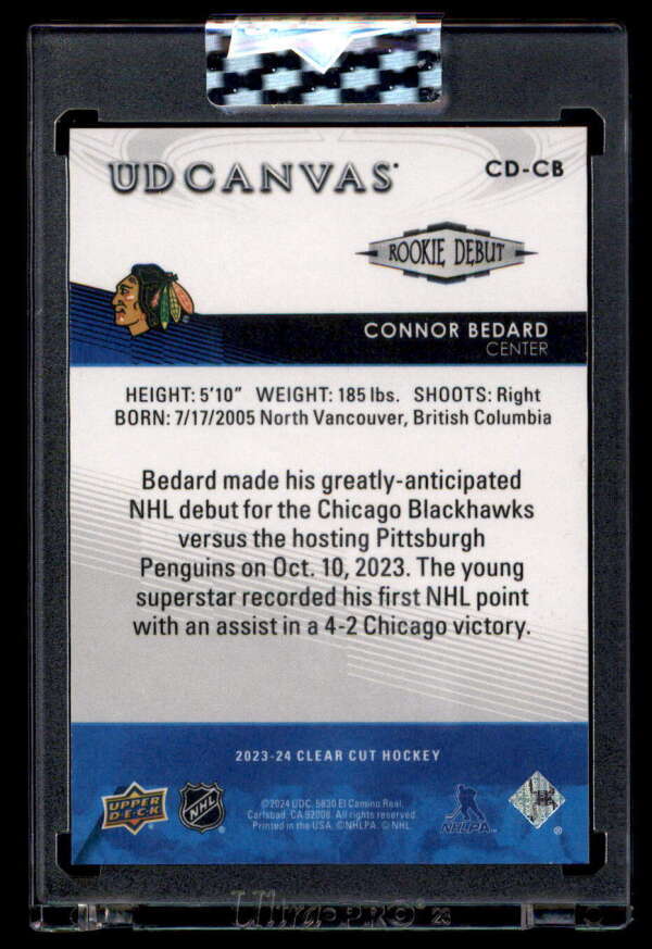 CONNOR BEDARD 2023/24 UD CLEAR CUT #CD-CB CANVAS ROOKIE DEBUT RC T5505 ...