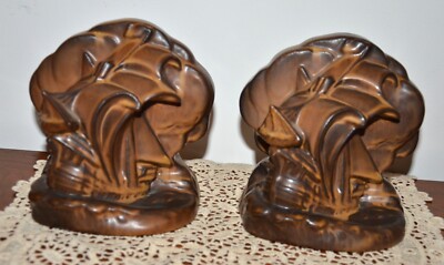 Rookwood 1926 Pair Brown Ship Bookends matte finish designer McDonald ...