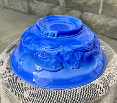 RARE Fenton**MARBLED PERIWINKLE BLUE ATLANTIS KOI FISH BOWL**1990's ...