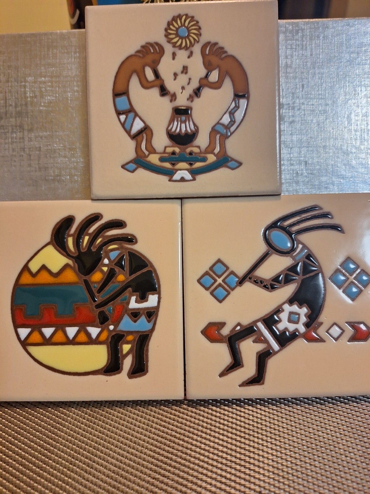 VTG Native Art Earthtones Kokopelli Ceramic Tiles Trivet Coasters ...