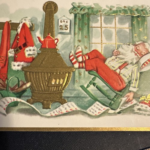 Vtg Christmas Card Santa FRONT ONLY MCM Sleeping Rocking Chair Pot ...