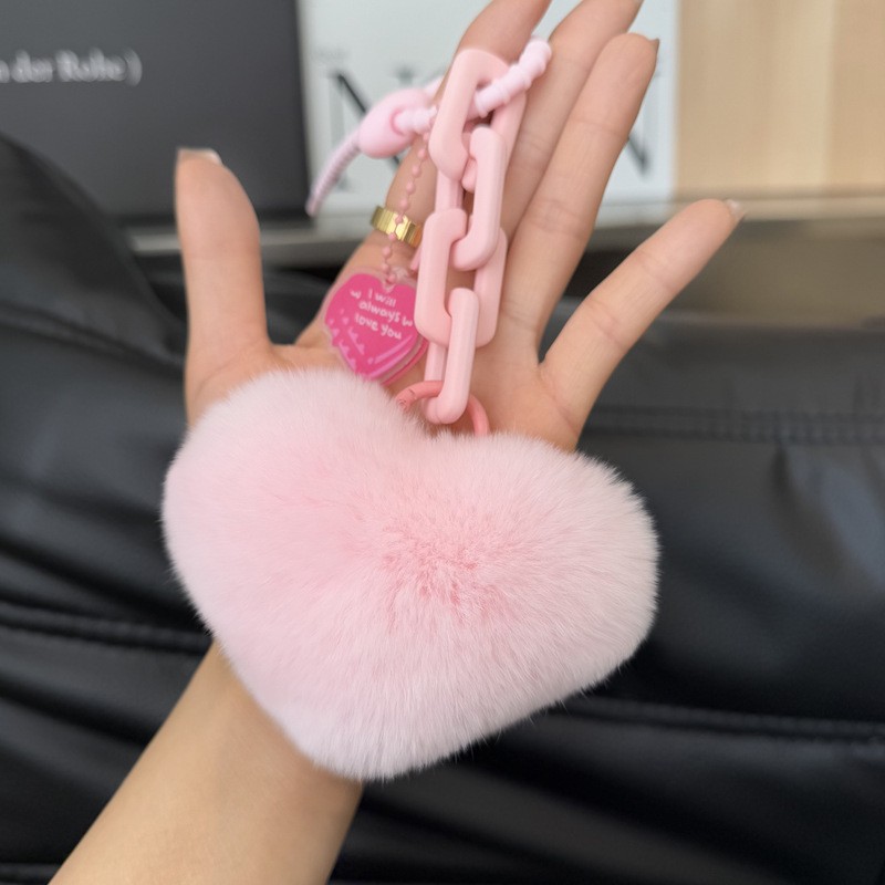 Rex Rabbit Fur Heart-Shaped Chain Keychain, Schoolbag Pendant, Car Key ...