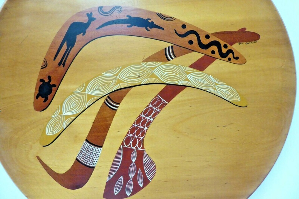 VINTAGE ERIC JUCKERT HAND PAINTED WOODEN WALL PLAQUE PLATE ABORIGINAL ...
