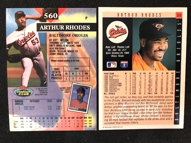 MLB - Arthur Rhodes 1993 Topps Stadium Club & 1993 Score Baseball ...
