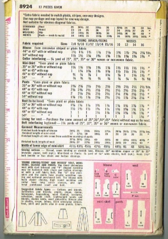 Mini Skirt Vest Top Pants Pattern Simplicity 8924 Size 11/12 B 32" 1970 ...