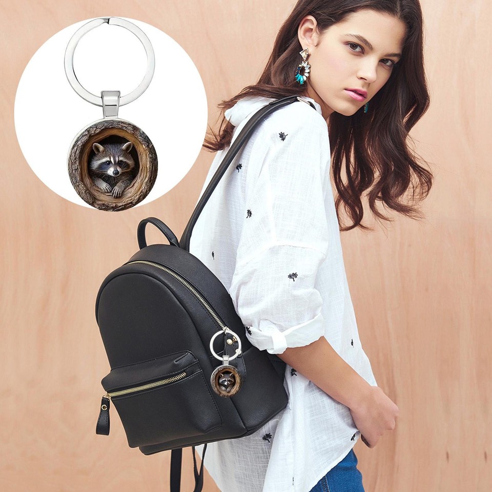 2D Raccoon Keychain Round Raccoon Tree Hole Backpack Charm Small Animal ...