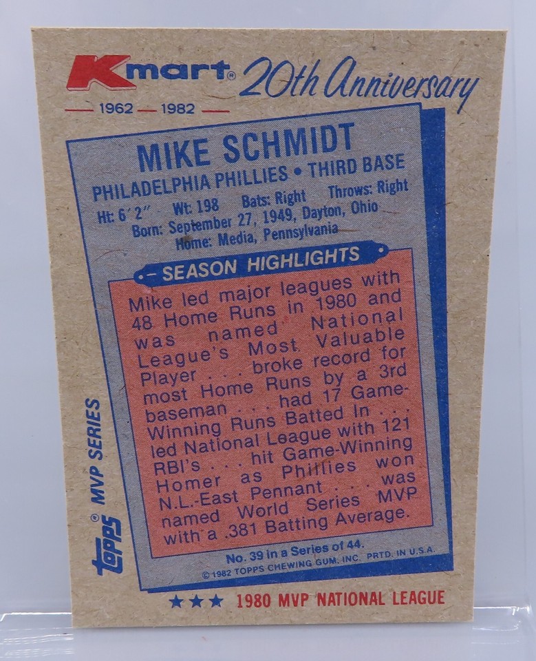 1982 Topps Mike SCHMIDT #39 Kmart 20th Anniversary MVP Phillies FREE ...