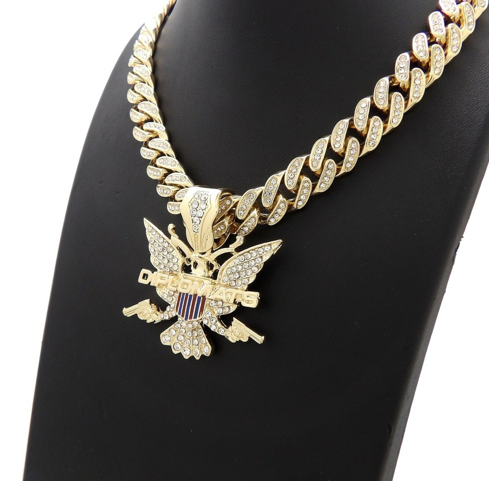 ICED DIPSET DIPLOMATS PENDANT GOLD CUBAN LINK CHAIN NECKLACE HIP HOP ...