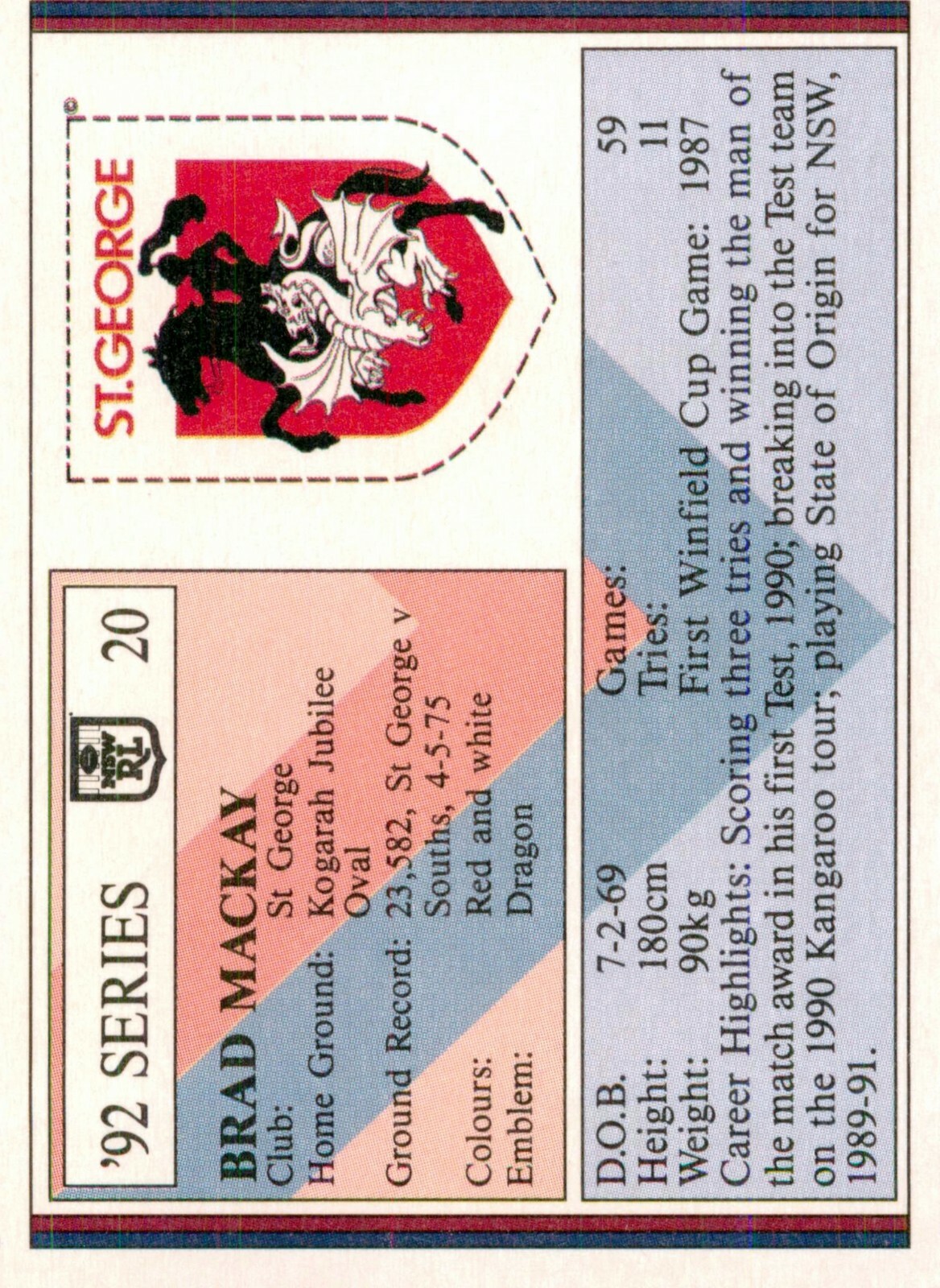1992 ST GEORGE DRAGONS NRL Card BRAD MACKAY | eBay Australia
