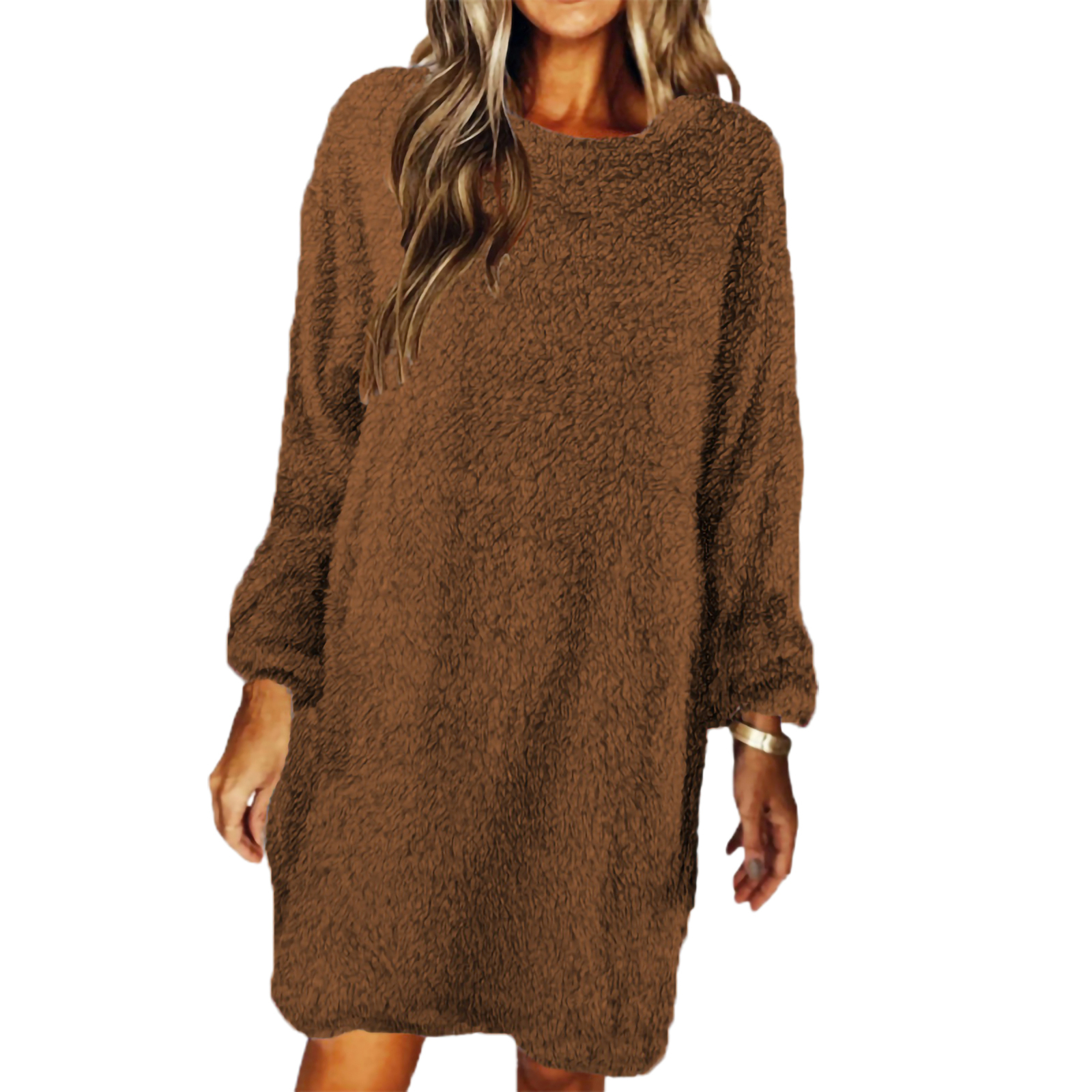 Fluffy Dress All Match Above Knee Length Solid Color Long Sleeve Dress ...