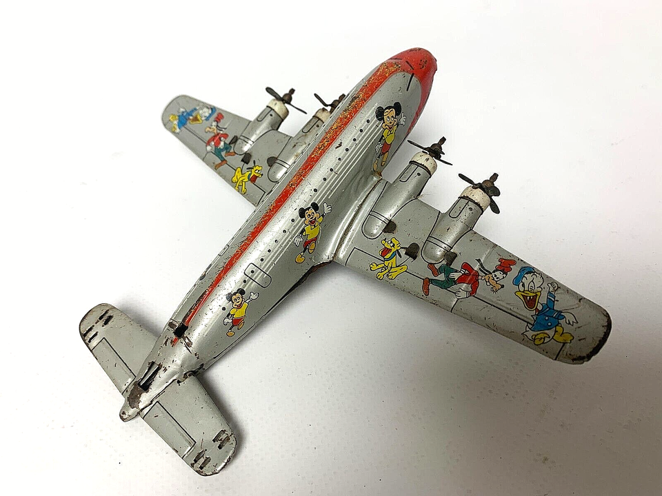 VINTAGE DISNEY MICKEY MOUSE 4 ENGINE AIRPLANE LINEMAR MARX TIN LITHO ...