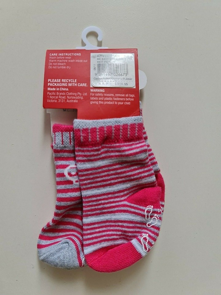 Red Robin Baby Girls 2 Pack Cotton Socks sizes 00 1 2 Colour Pink Grey ...