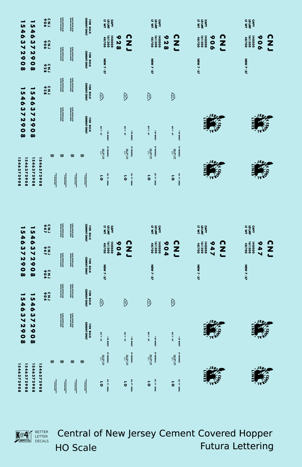 K4 HO Scale Decals Central Of New Jersey Covered Hopper Black Futura ...
