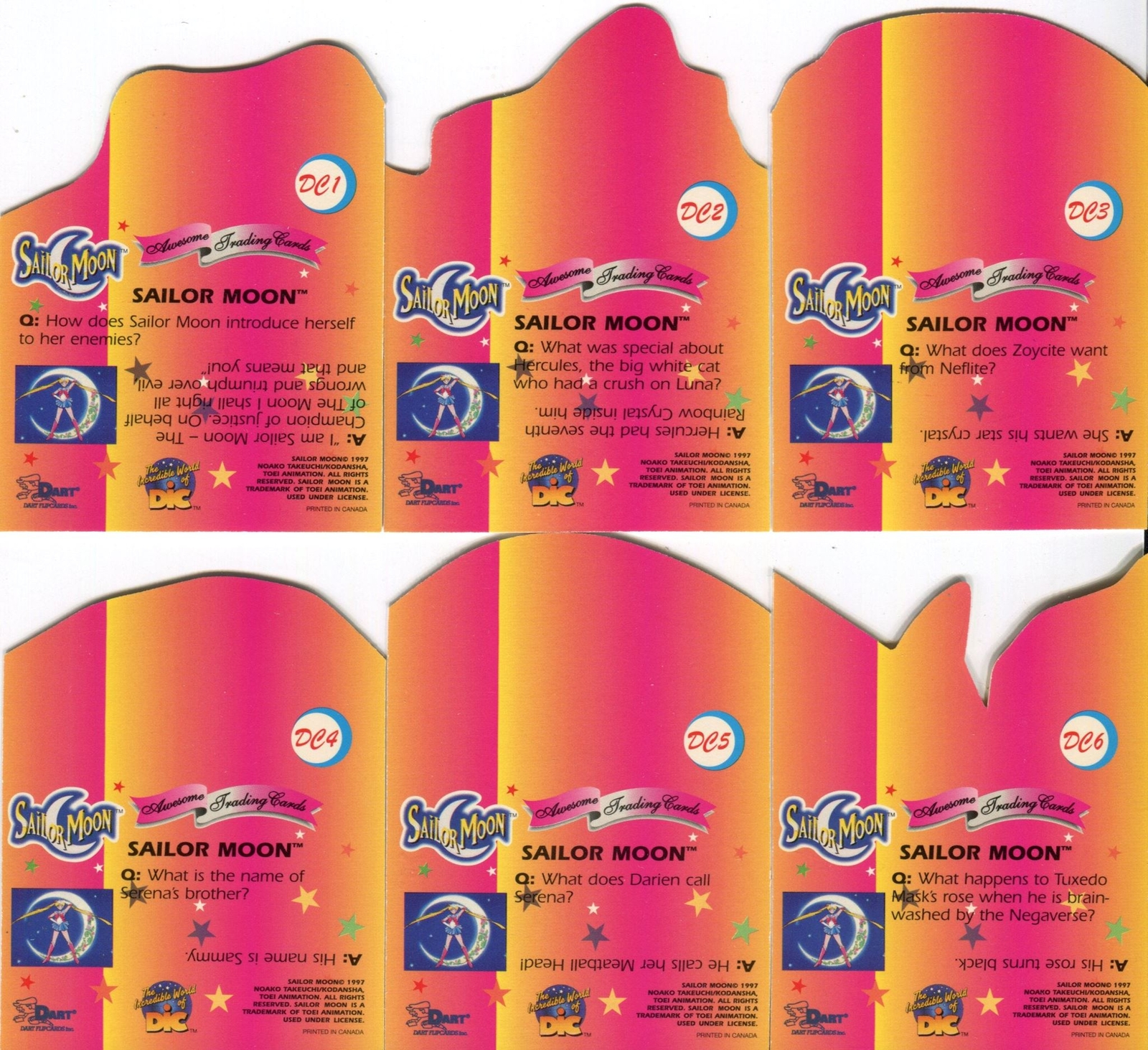 Sailor Moon 1 Die Cut Chase Card Set 6 Cards DC1 thru DC6 Dart ...