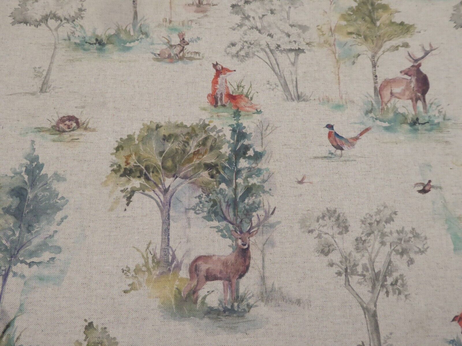 WOODLAND ANIMALS FABRIC Organic Linen Recycled Cotton Fox Pheasant Stag ...