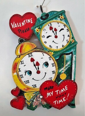 ANTHROPOMORPHIC CLOCKS w RED HEARTS * Glitter ORNAMENT * Vtg Img | eBay