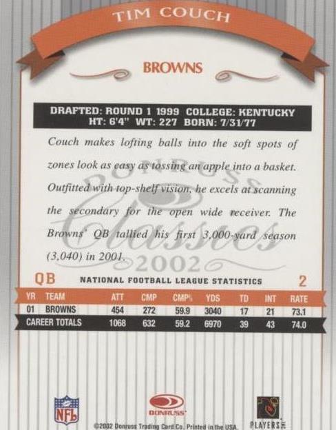 Las mejores ofertas en 2002 Donruss Classics Tim Couch #54 | eBay