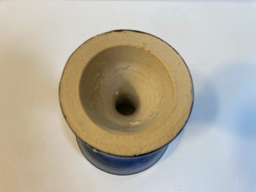Hand-made blue glaze pottery goblet shallow cup white band signed '02 ...