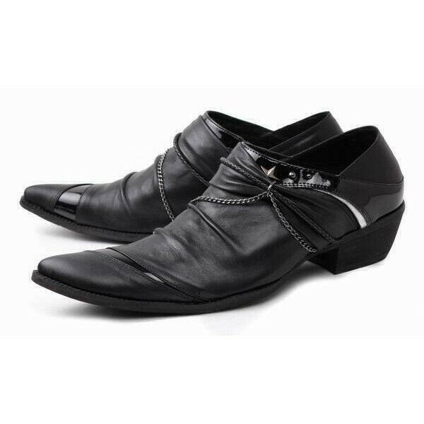 Men's Chain Decor Pleated Faux Leather Shoes Pointed Toe Cuban Heel ...