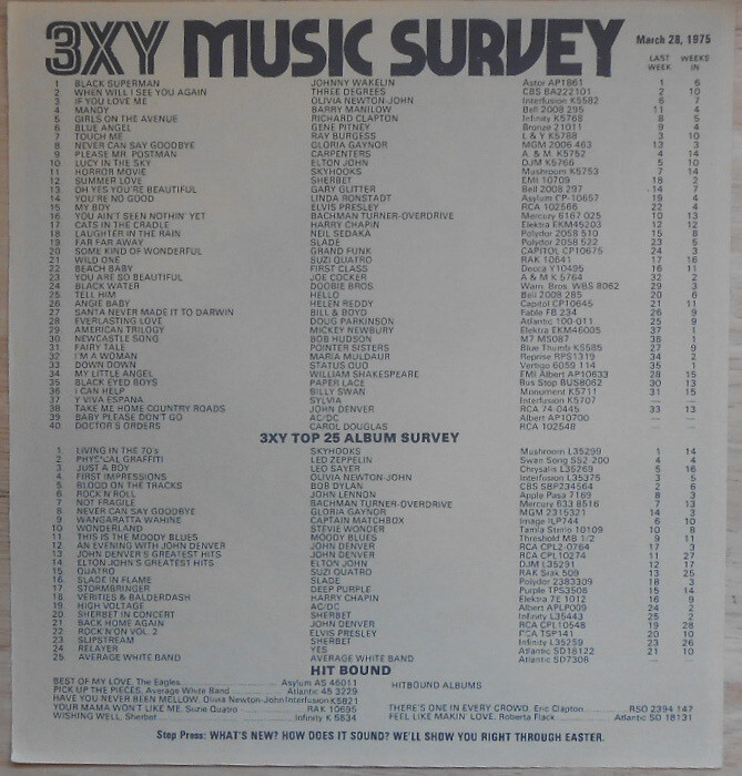 3XY TOP 40 MUSIC SURVEY CHART 1975 March 28th NM Jim Keays Masters ...
