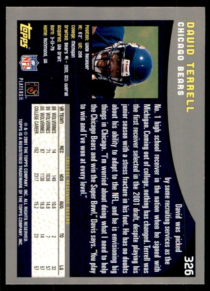 2001 TOPPS DAVID TERRELL CHICAGO BEARS #326 | eBay