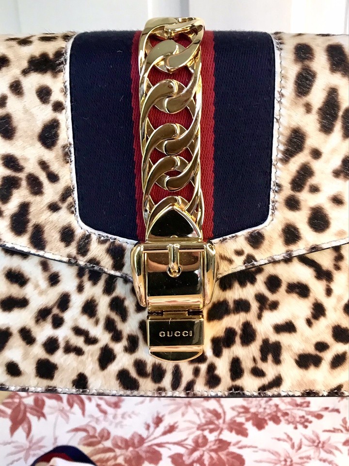 Gucci Leopard Fur Sylvie Handbag Small Nymphaea 2 Way Web Tote Bag | eBay