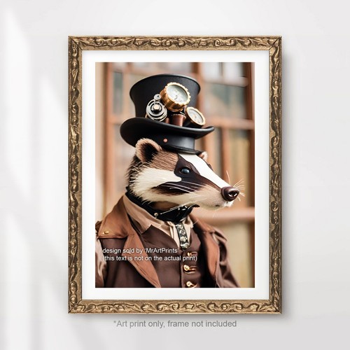 Steampunk BADGER Art Print Animal Head Portrait Weird Home Wall Decor ...