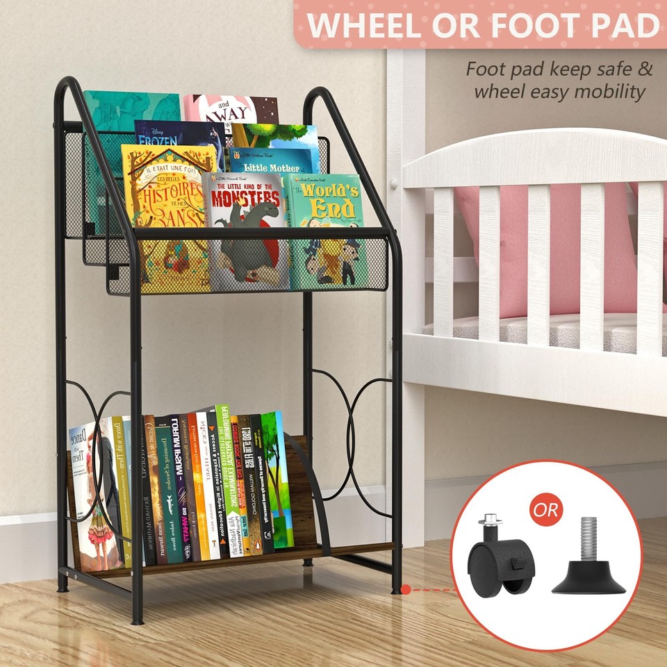 Bookshelf 4tier Metal & Wood Rolling Book Cart On Wheels Record Cabinet ...