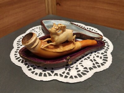 1 ANTIQUE ORNATE WARRANTED REAL DEER/STAG MEERSCHAUM PIPE WITH CASE | eBay