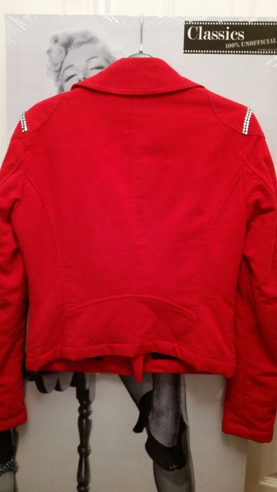 WOMEN BIKER BRIGHT RED VELOUR JACKET/COAT"1983" DECO SWAROVSKI CRYSTALS ...