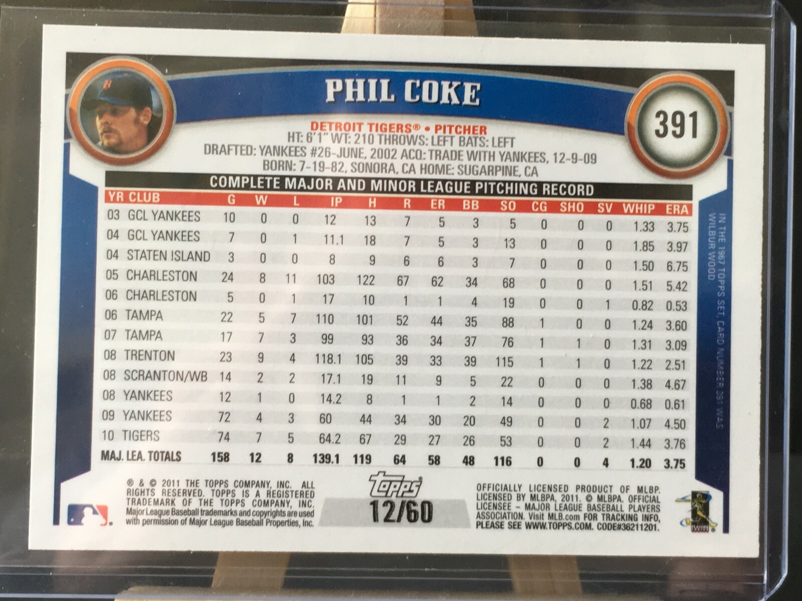 2011 Topps BLACK PARALLEL Phil Coke Yankees #391 12/60 | eBay