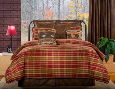 4pc Red/Olive Green/Tan/Brown Plaid Lodge Style Faux Leather Comforter ...