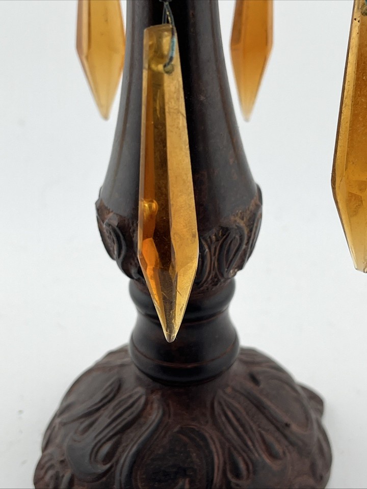 Vintage Cast Metal Prism Candlestick 8.75” Amber Hanging Icicle Drops ...