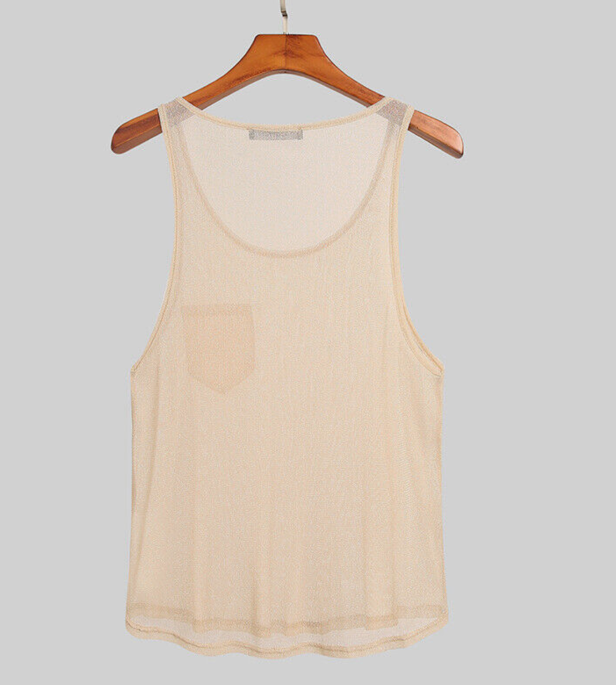 INCERUN Men's Gold Size XL Scoop Neck Sheer Mesh Metallic Pocket Tank ...