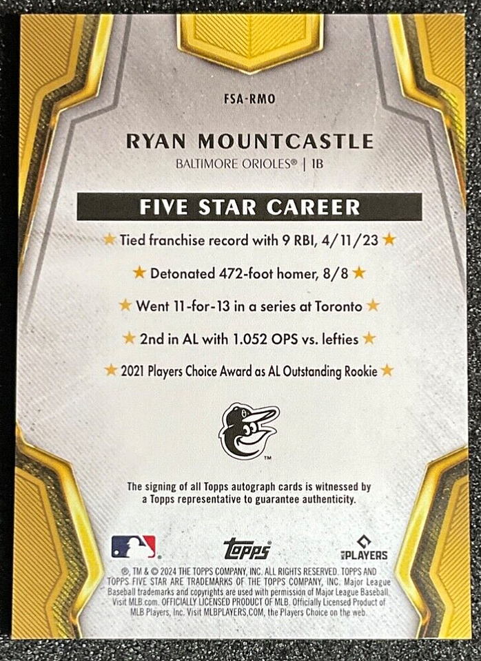 RYAN MOUNTCASTLE 2024 Topps Five Star Auto ORIOLES Autograph #FSA-RMO ...