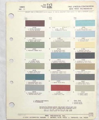 1968 Lincoln and Ford Thunderbird PPG Color Paint Chip Charts All Models