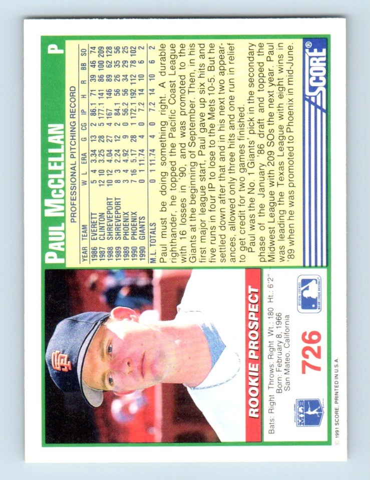 1991 Score Paul McClellan Rookie San Francisco Giants #726 | eBay