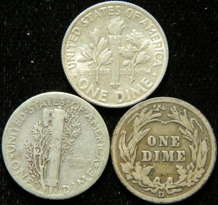 3 Coin Dime Lot , Mercury Roosevelt Barber 90% Silver Bullion Silver ...