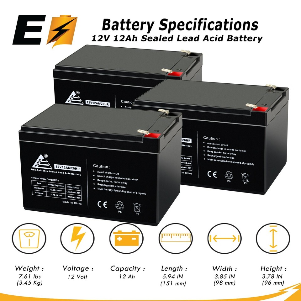 3 Pack - 12V 12Ah Battery Replaces Kung Long WP12-12 Wheelchair Scooter ...