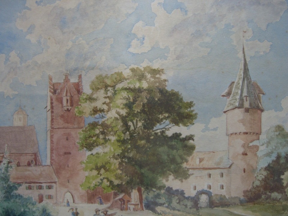 Watercolour Castle Old Town Tower Antique Um 1900 Frauentor IN ...