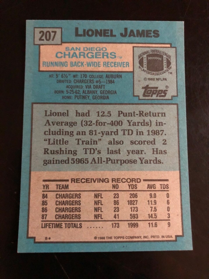 1988 Topps #207 Chargers Lionel James Football Card | eBay