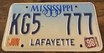 1998 Mississippi License Plate KG5 777 Good Number Triple 7s Lafayette ...