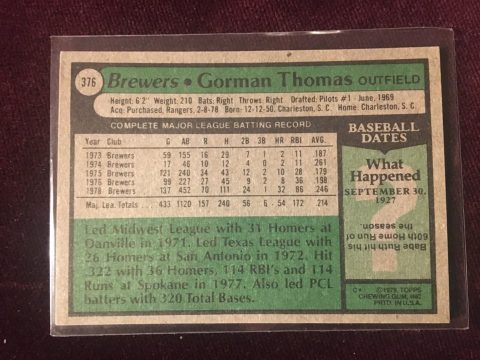 1979 Topps #376 Brewers Gorman Thomas Baseball Card | eBay