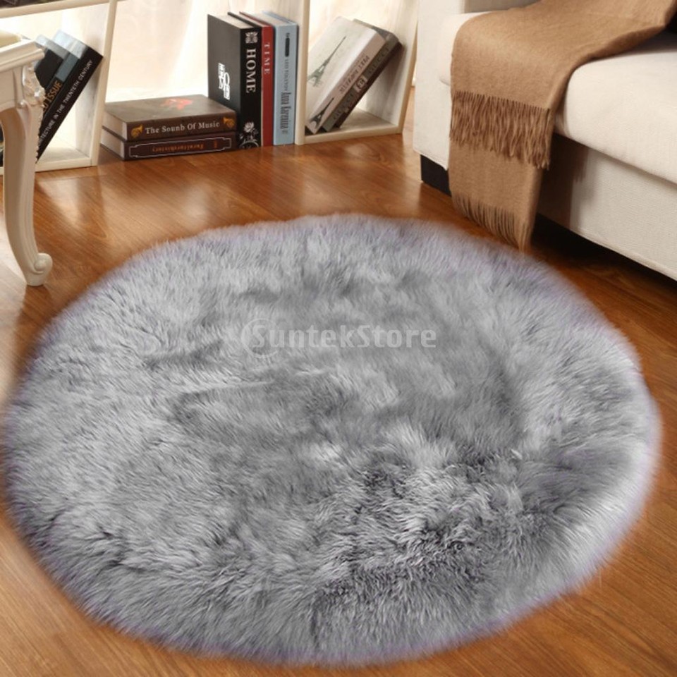 Round 80cm Sheepskin Hairy Carpet Faux Mat Fur Plain Fluffy Area Rug ...