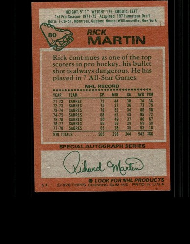 RICK MARTIN 1978 Topps Hockey #80 B1011R5S8P51 FREE SHIPPING | eBay