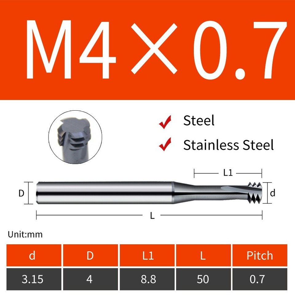 5pcsM4x0.7 Carbide Metric Thread Mill Cutter for StainlessSteel ...