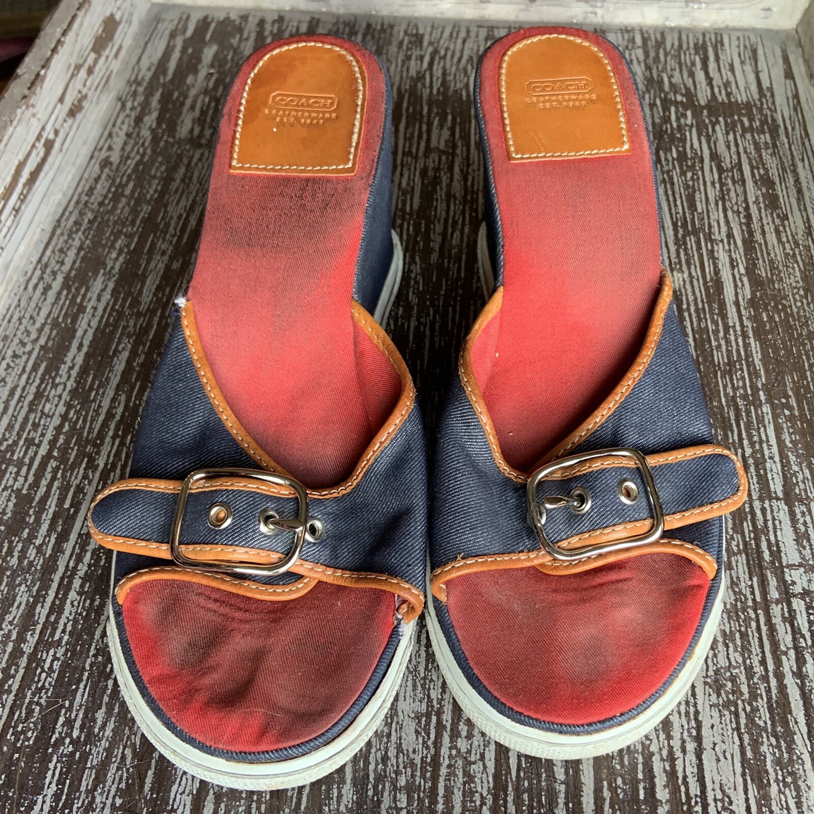 Coach Red & Blue Alyssa Sandal Buckle Wedges - Gem